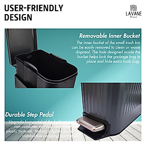 La Vane 6 Liter / 1.6 Gallon Slim Bathroom Trash Can with Lid Soft Close, Stainless Steel Small Grey Garbage Can with Removable Inner Bucket & Step Pedal for Toilet Kitchen Laundry Bedroom Hotel
