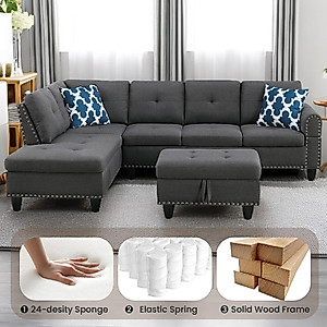 Yafylly L Shaped Sectional Couch, Living Room Furniture Set with Storage Ottoman, Deep Seat Modular Sofa with 2 Cup Holders, 2 Throw Pillows for Large Space, Grey