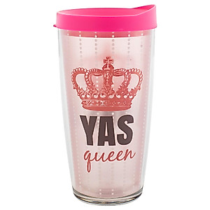 Signature Tumblers Yas Queen Wrap on Clear 16 Ounce Double-Walled Travel Tumbler Mug with Fuchsia Easy Sip Lid