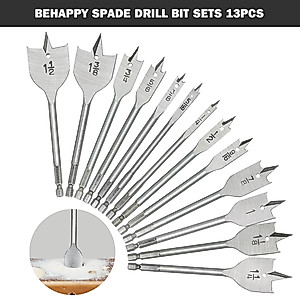 BeHappy 13 Piece Spade Drill Bit Set, Wood Drill Bit Set, Paddle Flat Bit Sets for Woodworking, Carbon Steel Paddle Flat Bit with Quick Change Shank, Nylon Storage Pouch Included, 1/4" to 1-1/2"