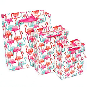 Aestivate 3 Pack Gift Bags Paper Bags Shopping Bags with Handles Colorful Gift Paper Bags for Birthday Party Wedding Bags Retail Bag Merchandise Bags 3 Sizes(Pink-Flamingo)