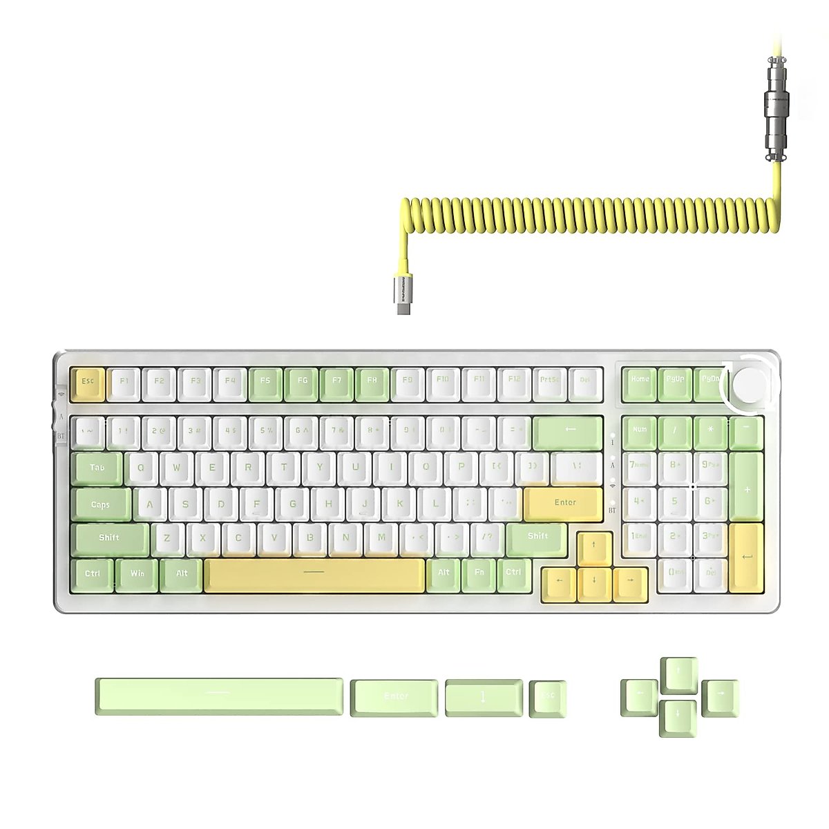 A.JAZZ AK992 99Keys Hot Swappable,Bluetooth/2.4G/Wired,Gasket Mount,RGB Backlight,Mechanical PC Gaming Keyboard,Coiled USB C Cable,Custom Clicky Switch,Knob Control,PBT Keycaps(Spring Green)