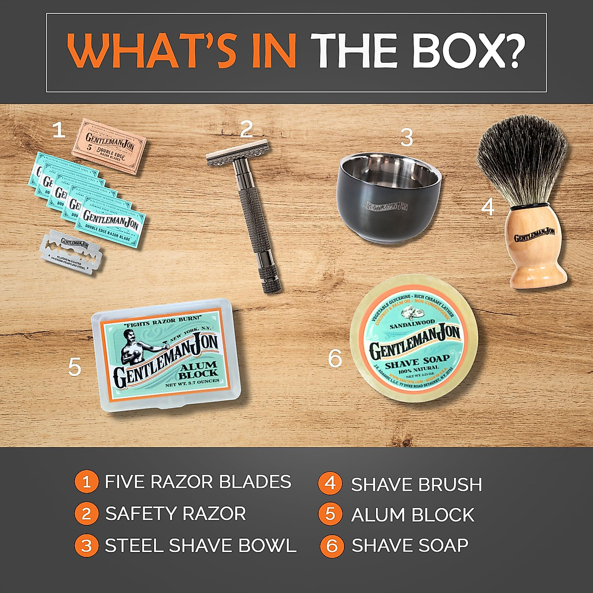 Gentleman Jon Safety Razor Shaving Kit | Vintage Wet Shave Grooming Set for Men - Includes: Safety Razor, Hair Shaving Brush, Alum Block, Shave Soap, Bowl & Double Edge Razor Blades