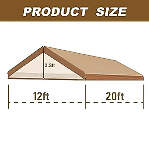 MARVOWARE 12x20 ft Car Canopy Replacement Carport Tarp Cover with Fabric Pole Skirts Ball Bungees for Tent Top Garage Boat Shelter(Only Tarp Cover) Brown