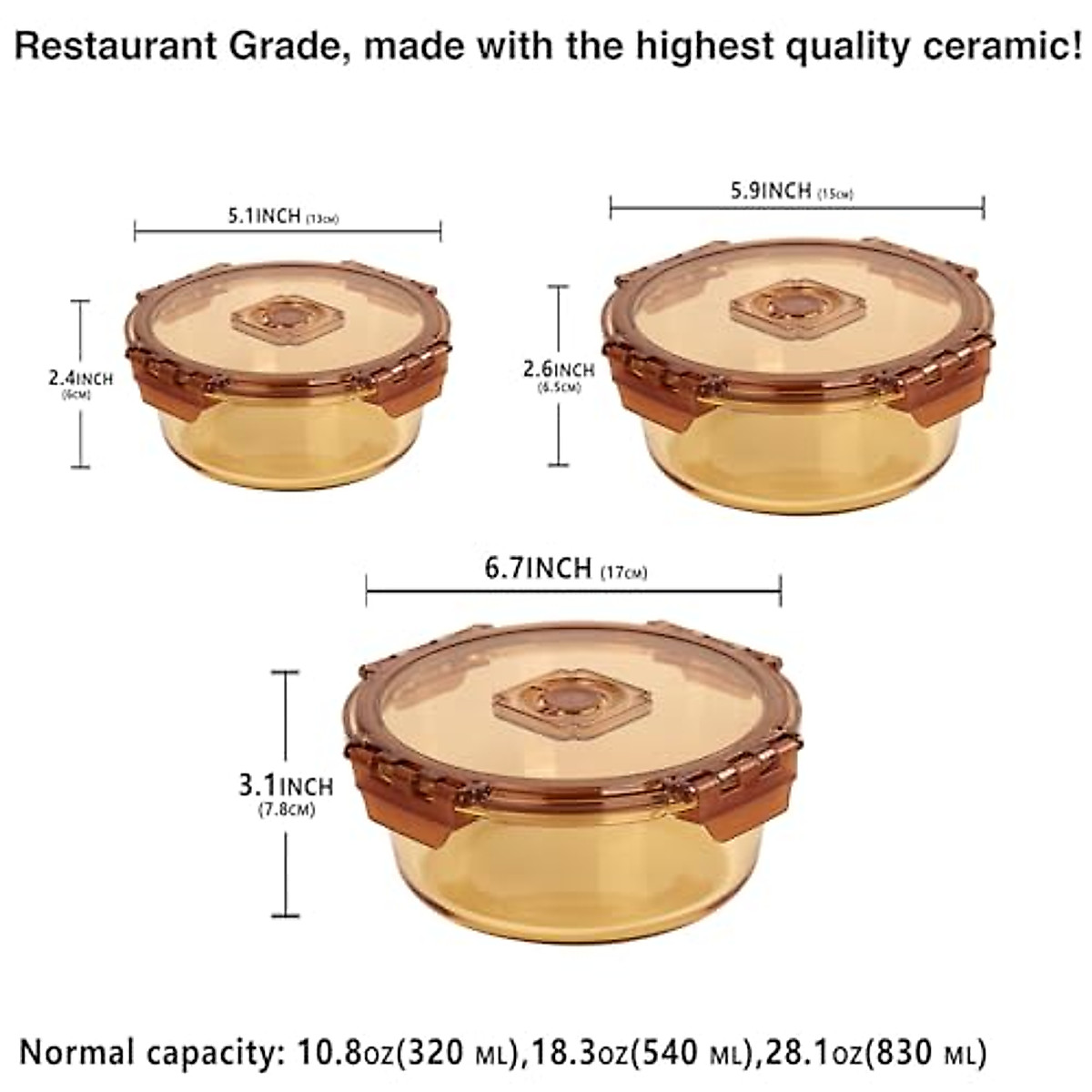 LIUYWYHCF Extra Large Glass Storage/Baking Containers with Lids (6 Pieces Total) Set of 3, Meal Prep Food Airtight and lunch Container, Microwave, Freezer and Dishwasher, Amber Round