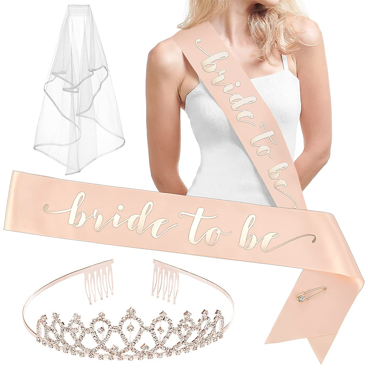 xo, Fetti Rose Gold Pink Bachelorette Party Decorations Kit - Bridal Shower Supplies | Bride to Be Sash, Rhinestone Tiara, Veil + Bride Tribe Tattoos