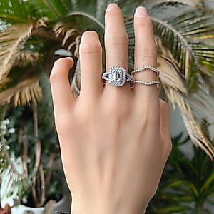 DovEggs 3.2ct Total 5x7mm GHI Emerald Cut Moissanite Antqiue Double Halo Engagement Ring Moissanite&Blue Sapphire Accents Curved Enhancer Guard Wedding Ring Set 14k Gold Quality Sterling Silver(6)