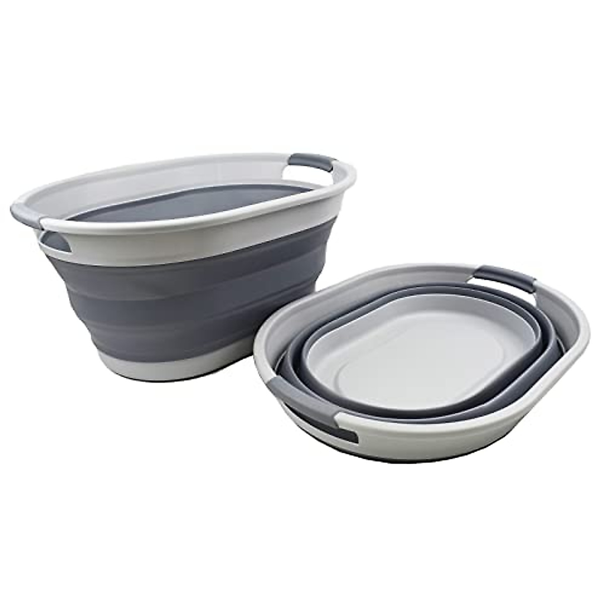 SAMMART 28L (7.4 gallon) Oval Collapsible Plastic Laundry Basket - Foldable Pop Up Storage Container/Organizer - Portable Washing Tub - Space Saving Hamper/Basket (Grey (Set of 2))