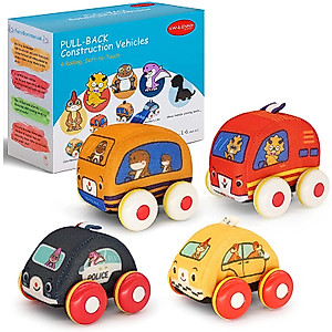 VANLINNY Baby Cars for Toddlers, Pull Back Car for 1 Year Old Boy with Play Mat,4 Pack Washable Soft Plush Cars for Kids, Metal Die Cast Pull Back Vehicles Play Set