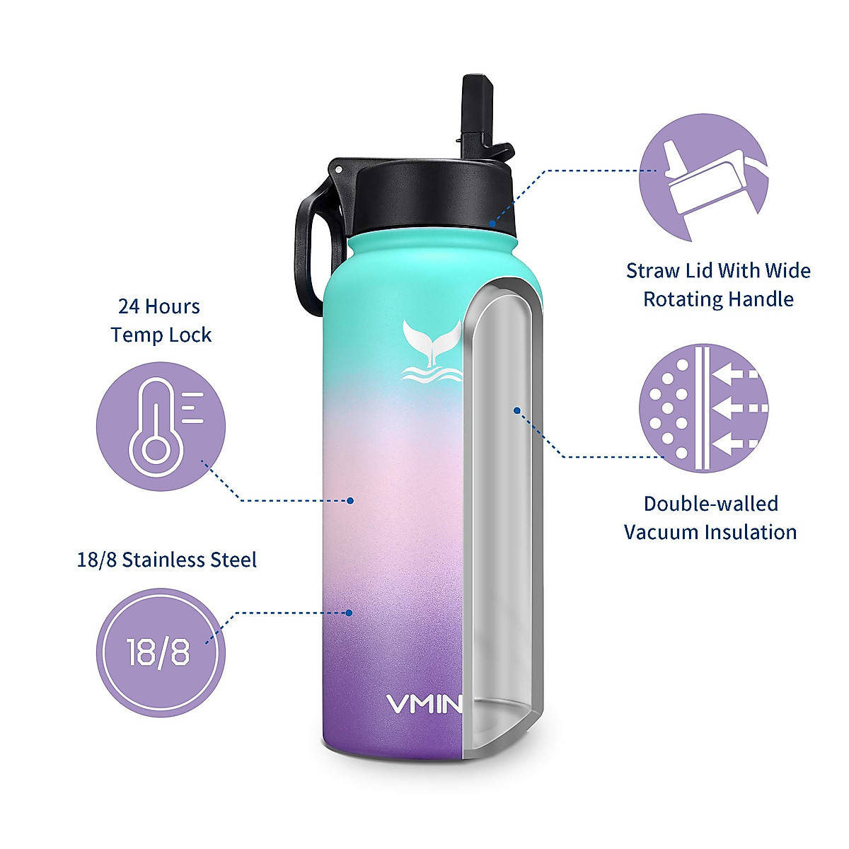 Vmini Water Bottle with New Wide Handle Straw Lid, Wide Mouth Vacuum Insulated 18/8 Stainless Steel, 4 Straws and 2 Brushes, 32 oz, Gradient Mint + Pink + Purple