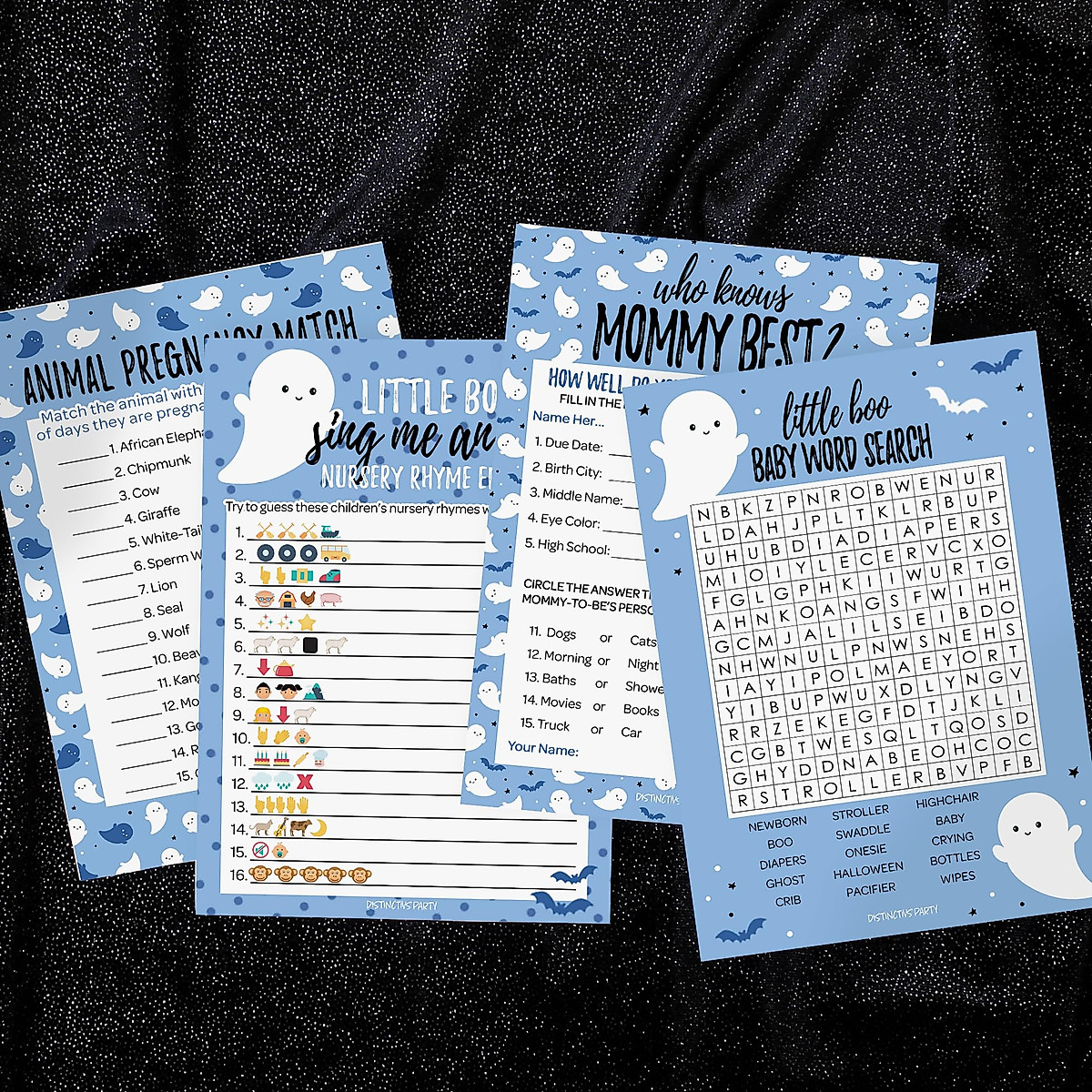 Blue A Little Boo is Almost Due Boy Baby Shower Game Pack, Emoji - Word Search - Who Know Mom Best - Pregnancy Match - 20 Guests, Halloween Baby Shower (4 Game Value Pack 2)