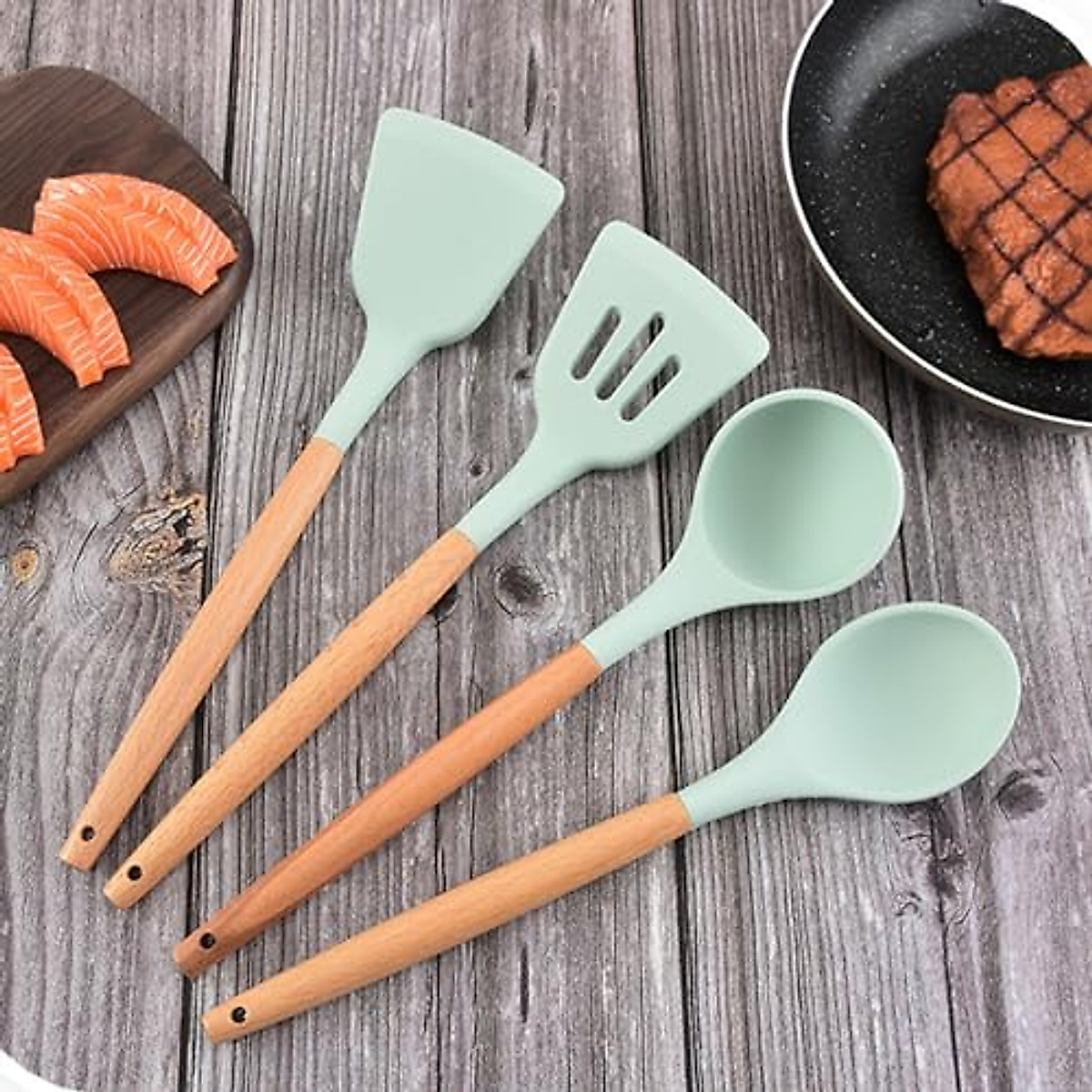 VETCS 12-Piece Silicone Kitchen Cooking Utensils Set with Holder,Heat-Resistant BPA Free Kitchen Tools,Dishwasher Safe,Black,12.5 * 33.2cm