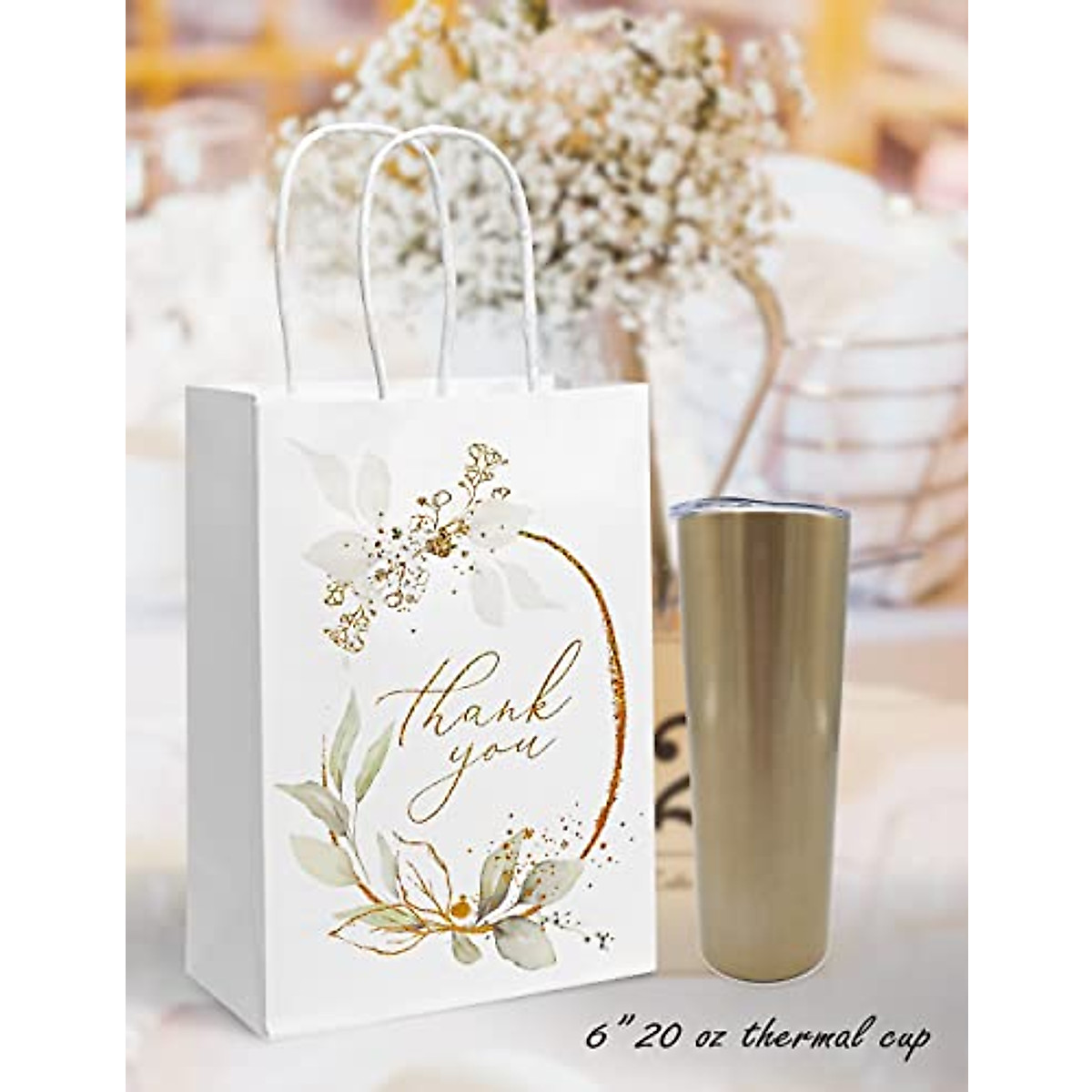 Created Flow Eucalyptus Wedding Thank You Gift Bags Small Size Guests Bridal Shower Bridesmaids Gift Bags Birthday Party Thank You Favors Bag Baby Shower Office Business Thank You Bags Bulk Merchandise White Handles Gold Foil Paper 16 Pack 4 Designs