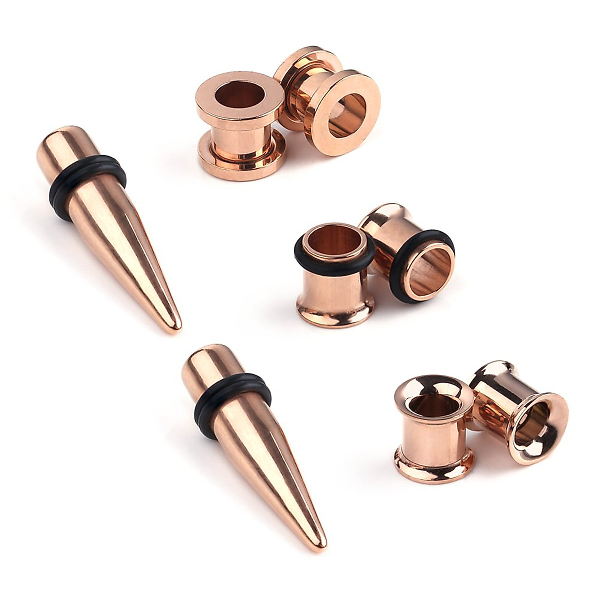 Ruifan 4Pairs Rose Gold Plated Surgical Steel Gauge Ear Screw Taper Tunnel Expander Stretching Kit Plugs Piercing 4 Styles Same Size 0g(8mm)