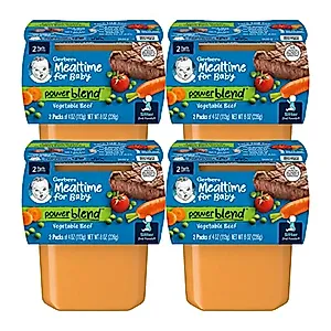 Gerber Mealtime for Baby 2nd Foods Power Blend Baby Food Tubs, Vegetable Beef, Nourishing Blend of Veggies, Grains & Beef, Pureed Baby Food, 2 - 4 Ounce Tubs/Pack (Pack of 4)