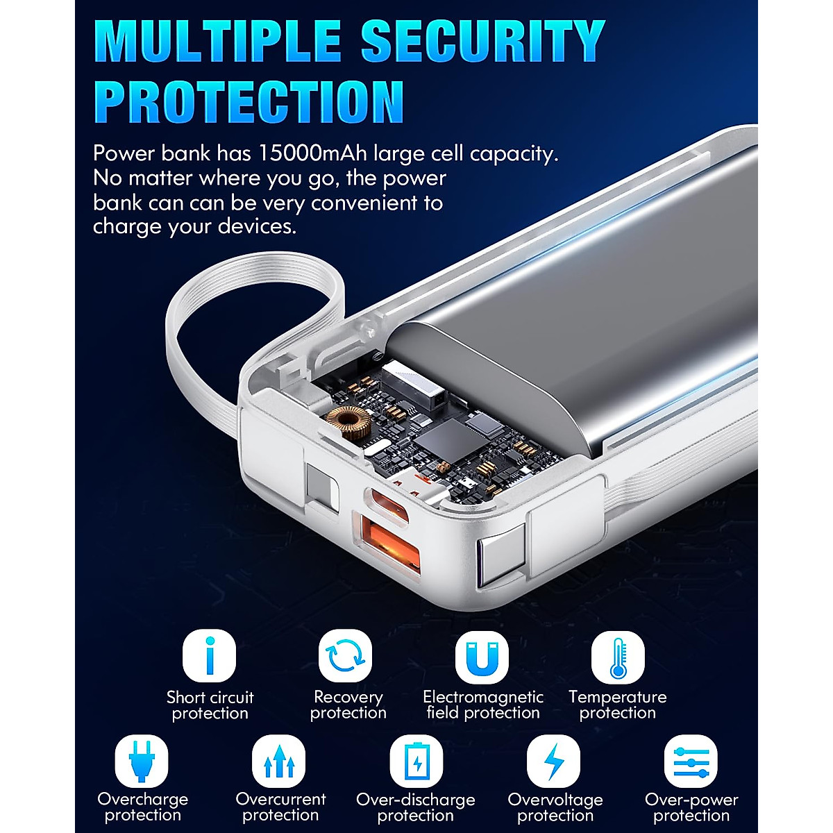 Portable-Charger-Power-Bank - 15000mAh PD 30W Power Bank, Built in Type-C(30W) and iOS(20W) Output Cables LED Display for iPhone and Android Phones and Most Electronic Devices(White)