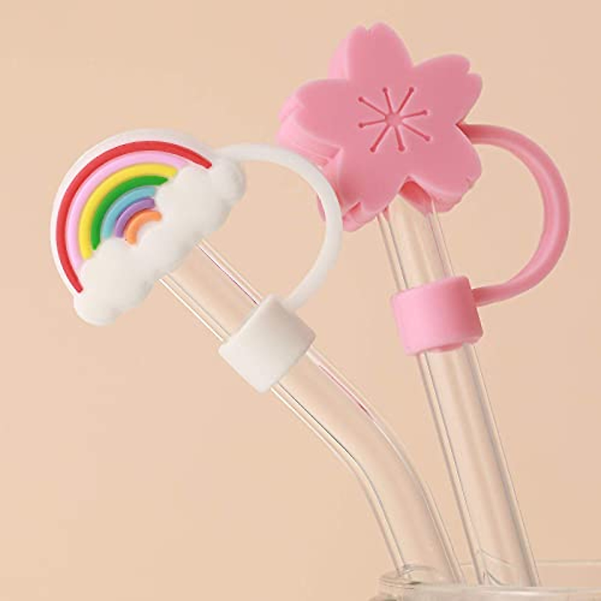 8 Pieces Silicone Straw Tips Cover Reusable Drinking Straw Lids Sunflower Cherry Blossom Rainbow Cat Paw Straw Cap Cover for 6-8 mm Straws Anti-dust Straw Tips Plugs