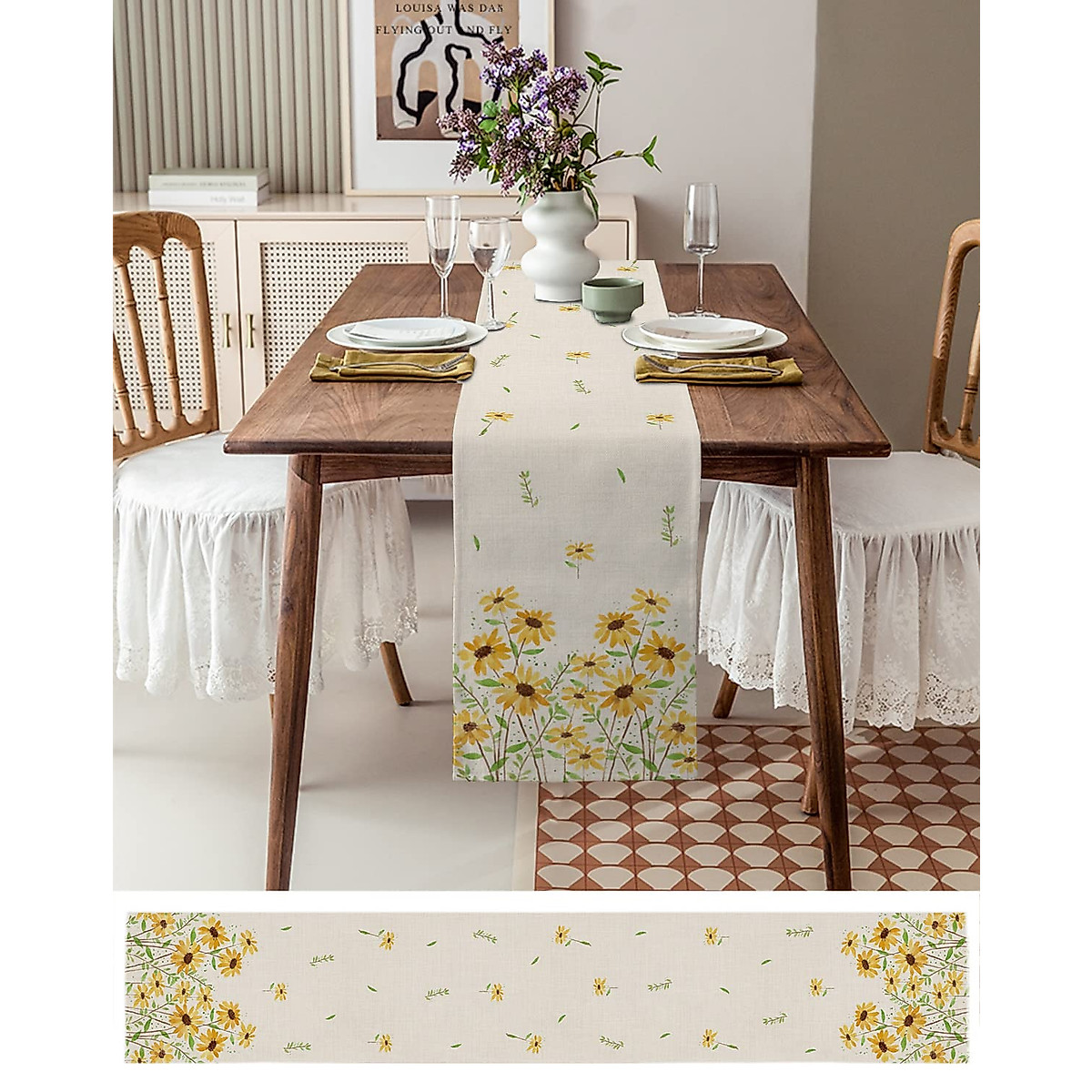 Spring Floral Table Runner 72 Inches Long Farmhouse Dress Scarves, Yellow Daisy Summer Botanical Rustic Linen Texture Dining Tablerunner for Coffee Table/Party/Kitchen Island Décor, 13" x 72"