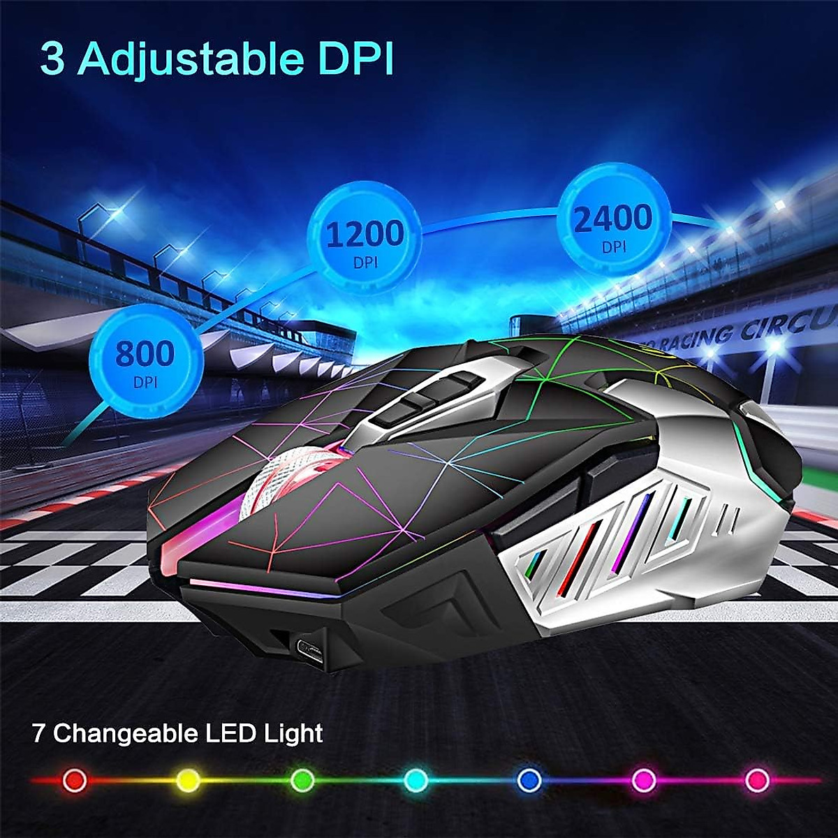 VEGCOO Wireless Gaming Mouse, Silent Click Wireless Rechargeable Mouse with Colorful LED Lights and 3 Level DPI Ergonomic Optical Gamer Mice for Laptop and Computer (C20 Black)