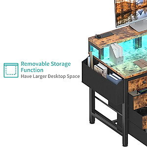 Lufeiya Computer Desk with Fabric Drawers, 47 inch Home Office Desk with Monitor Stand, Gaming Desk with LED Lights and Power Outlets, Rustic Brown