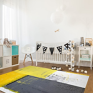 KITHOME Non-Slip Area Rug Abstract Geometric Yellow Gray White Oil Painting Printed Rugs, Rubber Backing Floor Mats Absorbent Indoor Area Rug Carpet for Living Room Indoor 3'x2'