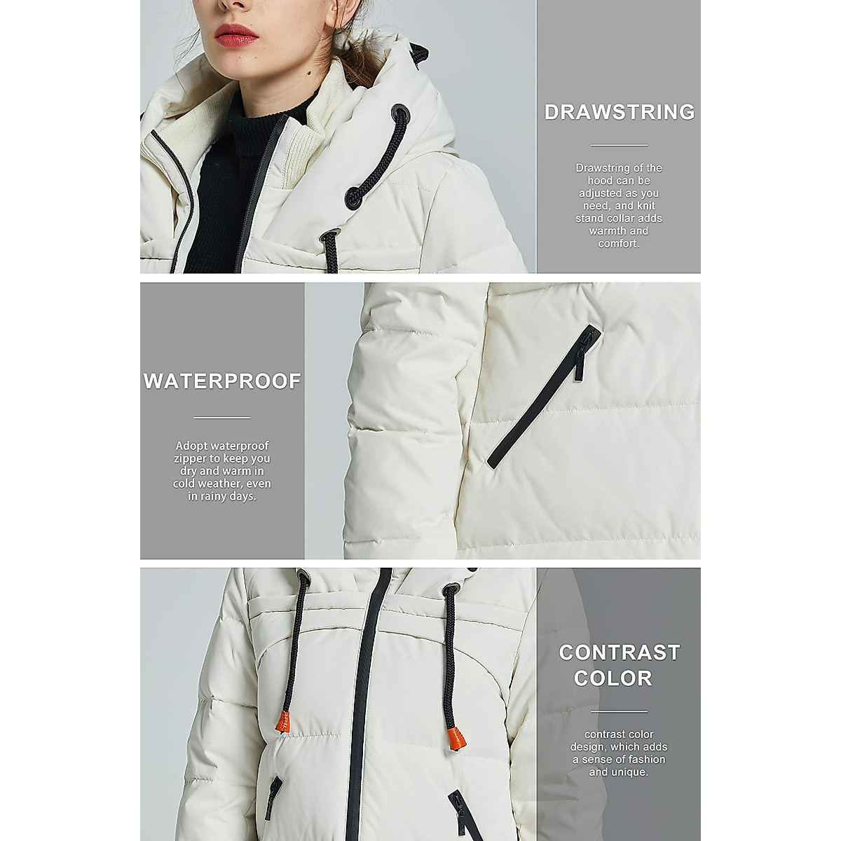 Orolay Women's Thickened Contrast Color Drawstring Down Jacket Hooded Parka Long Puffer Coat White L