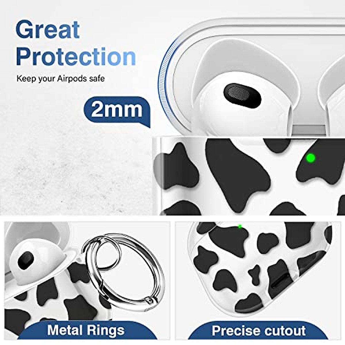 Valkit AirPods 3 Case Cover Silicone for Airpods 3rd Generation 2021 Soft TPU Protective Case Skin Portable & Shockproof Women Girls with Keychain for Apple Airpods 3 Charging Case (Black White Cow)