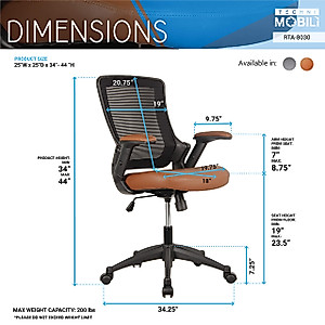 Techni Mobili Height Adjustable Arms Mid-Back Mesh Task Office Chair, 25" W x 25" D x 34-44" H, Brown
