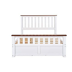 ERDAYE Full Size Bedframe Wooden Platform Bed with Two Storage Drawers and Wood Slat Support, White+Walnut