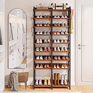 Tribesigns Open Shoe Cabinet, 9-Tier Tall Wooden Shoe Rack with Side Hooks for Entryway, Freestanding 36 Pairs Wood Shoes Storage Shelf Cabinet with Heavy Duty Metal Frame, Black Rustic Brown