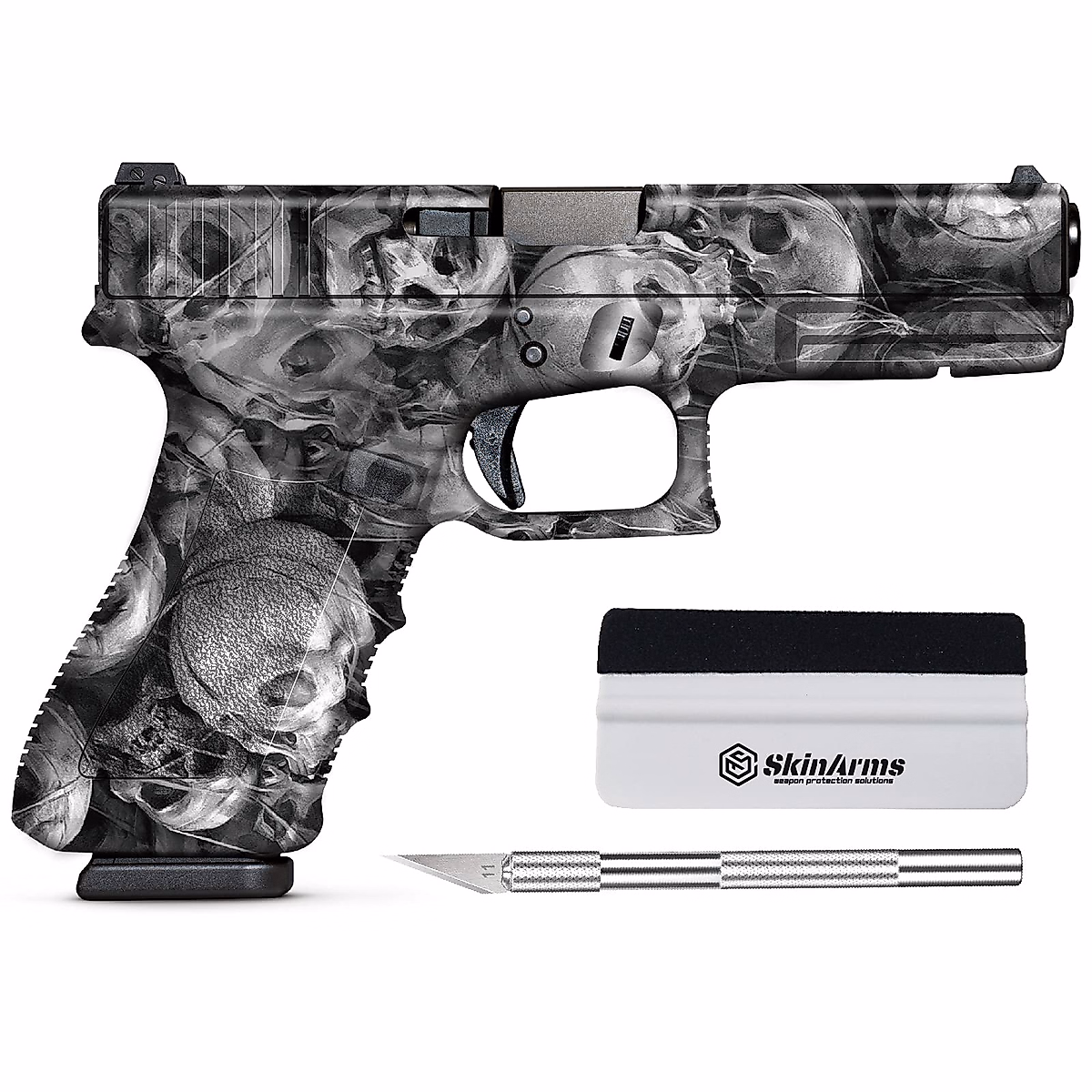 SkinArms Pistol Skin, 100% Waterproof Matte Finish Vinyl Decal, Precut Pieces Easy to Install and Fits All Handgun Within 9’’ Length, Protects Pistol with Style (SA Skull Vengeance)