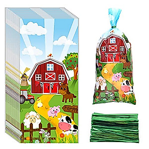 100 Pieces Farm Animal Cellophane Bags Farmhouse Party Treat Bag Cow Sheep Pig Printed Candy Goodie Bags with 100 Twist Ties for Birthday Baby Shower Party Favors Chocolate Snacks Cookies Packaging