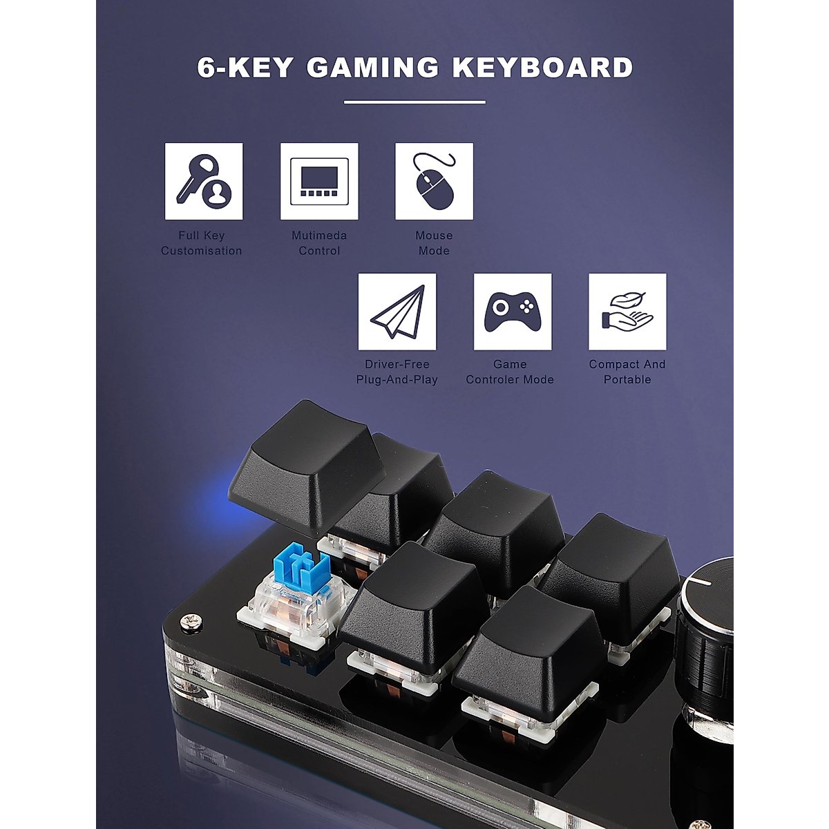 Dioche USB Mini 6Key Keypad Mechanical Programmable Gaming Keyboard Portable One Handed Mechanical Keyboard Shortcut Programmable Keyboard with Knob for PC Gamer(Full Black)