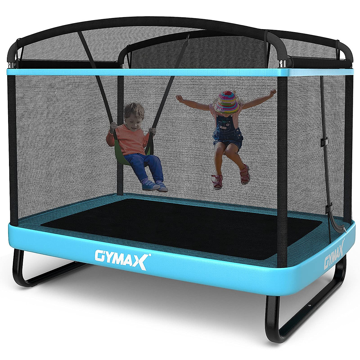 GYMAX 6FT Kids Trampoline with Swing, ASTM Approved Rectangle Recreational Trampoline with Enclosure Safety Net, Indoor/Outdoor Baby Toddler Play Combo Bounce, Birthday for Boy & Girl (Blue)
