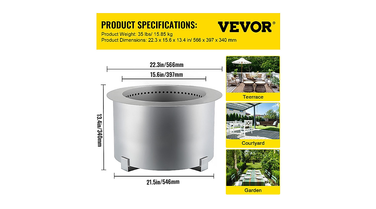 VEVOR Smokeless Fire Pit 21.5 Inch Portable Steel Bonfire for Outdoor Use