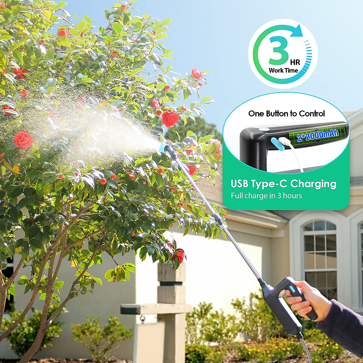 Battery Powered Sprayer 1.35Gallon, Upgrade Electric Sprayer with 3 Mist Nozzles, USB Rechargeable Handle and Retractable Wand, Garden Sprayer with Adjustable Shoulder Strap for Lawn,Garden,Cleaning