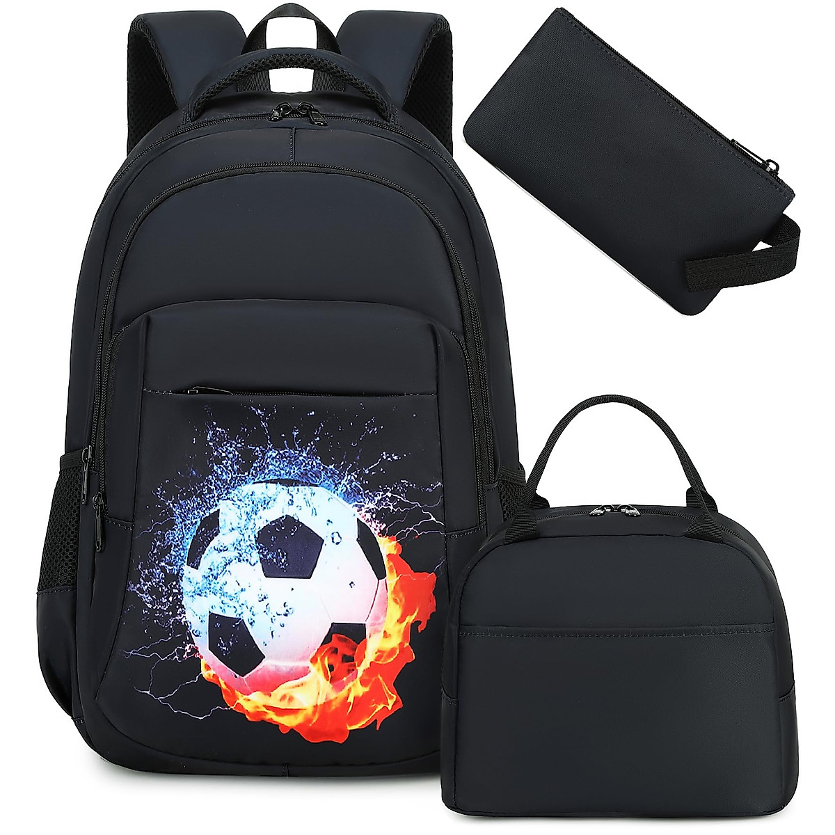 LEDAOU Backpack for Teen Girls School Bags Kids Bookbags Set School Backpack with Lunch Box and Pencil Case (Soccer Black)