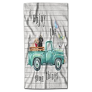 Wondertify Turquoise Truck Hand Towel Old Car Two Standing Labrador Puppy Dogs Hand Towels for Bathroom, Hand & Face Washcloths 15X30 Inches Brown Black