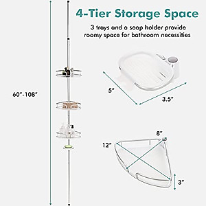 Tangkula 60"-108" Adjustable Shower Caddy Tension Pole, 4 Tier Drill Free Organizer w/3 Removable Baskets & 1 Soak Tray, Rustproof Aluminum Corner Shower Storage Rack (Silver)