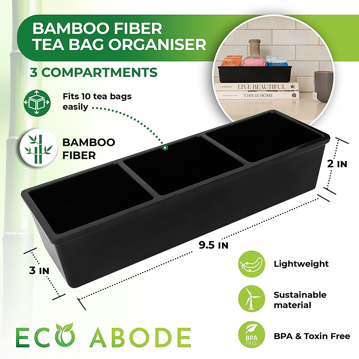 Modern Tea Bag Organizer - Small Bamboo Eco-Friendly Countertop Tea Organizer for Tea Bags - Tea Box Organizer for Hot Tea Storage, Teabag Caddy, Drink Packet Organizer, Kcup Coffee Pod Holder (Black)