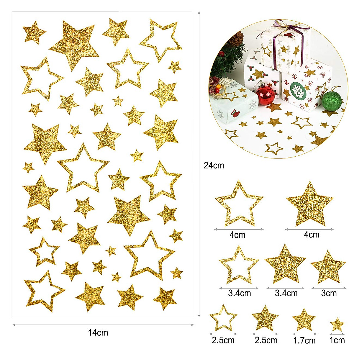 KESOTE 5 Sheets Glitter Gold Star Stickers, Self-Adhesive Assorted Star Labels for Handicrafts Christmas Decoration, Classroom Teacher Supplies
