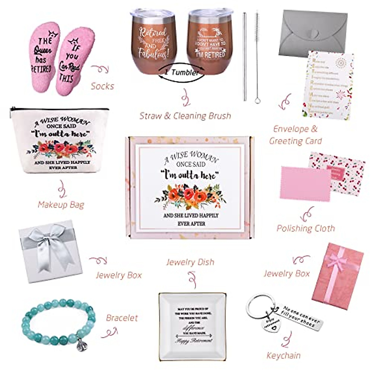 Retirement Gifts for Women 2023, Happy Retirement Gifts for Coworker, Retired Friends, Boss, Teachers, Nurses, Mom, Grandma, Retirees-Wine Tumbler, Farewell Bracelet, Ring Dish, Socks, Bag, Keychain