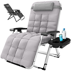 Elevens Oversized Zero Gravity Chair, 30in Reclining Patio Lounge Chair with Removable Cushion & Tray, Patio Lounge Chair with Adjustable Headrest, Support 500 lbs, Gray