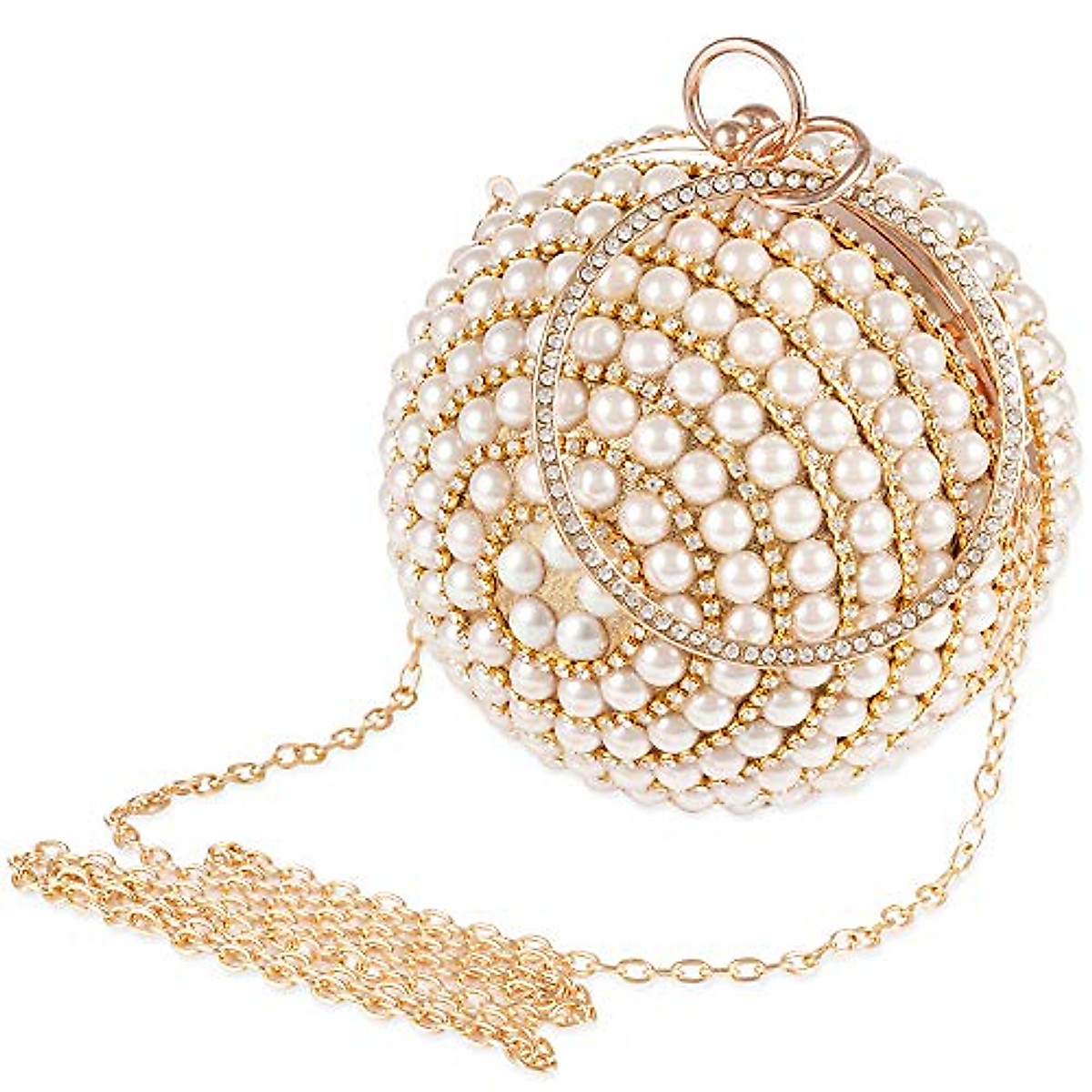 WPKLTMZ Womans Round Clutch Ball Handbag Dazzling Full Rhinestone Tassles Ring Handle Purse Pearls Evening Bag