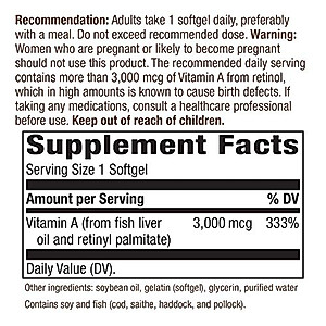 Nature's Way Vitamin A, Eye Health Supplement for Adults*, Immune Support*, 3,000mcg Per Serving, 100 Softgels