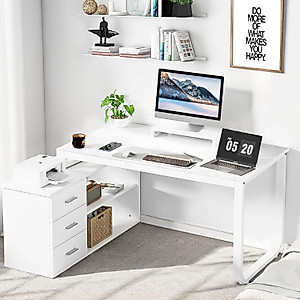 MaverickFurni White Desk with Drawers, 55 Inch White L Shaped Desk with 3 Drawers, Computer Desk with Monitor Stand, White Home Office Sturdy Desk with Storage for Bedroom