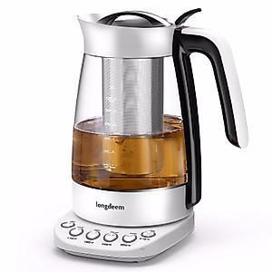 LONGDEEM Electric Glass Tea Kettle with Infuser, 1.7L Fast Boiling, Stainless Steel, Temperature Control Tea Maker, Non-BPA - Easy Lid Removal & Keep Warm Feature, White