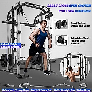 Royal Fitness Smith Machine, Multifunctional Power Cage Rack with Smith Bar and Cable Pulley System, and LAT Pull Down Machine for Home Gym…