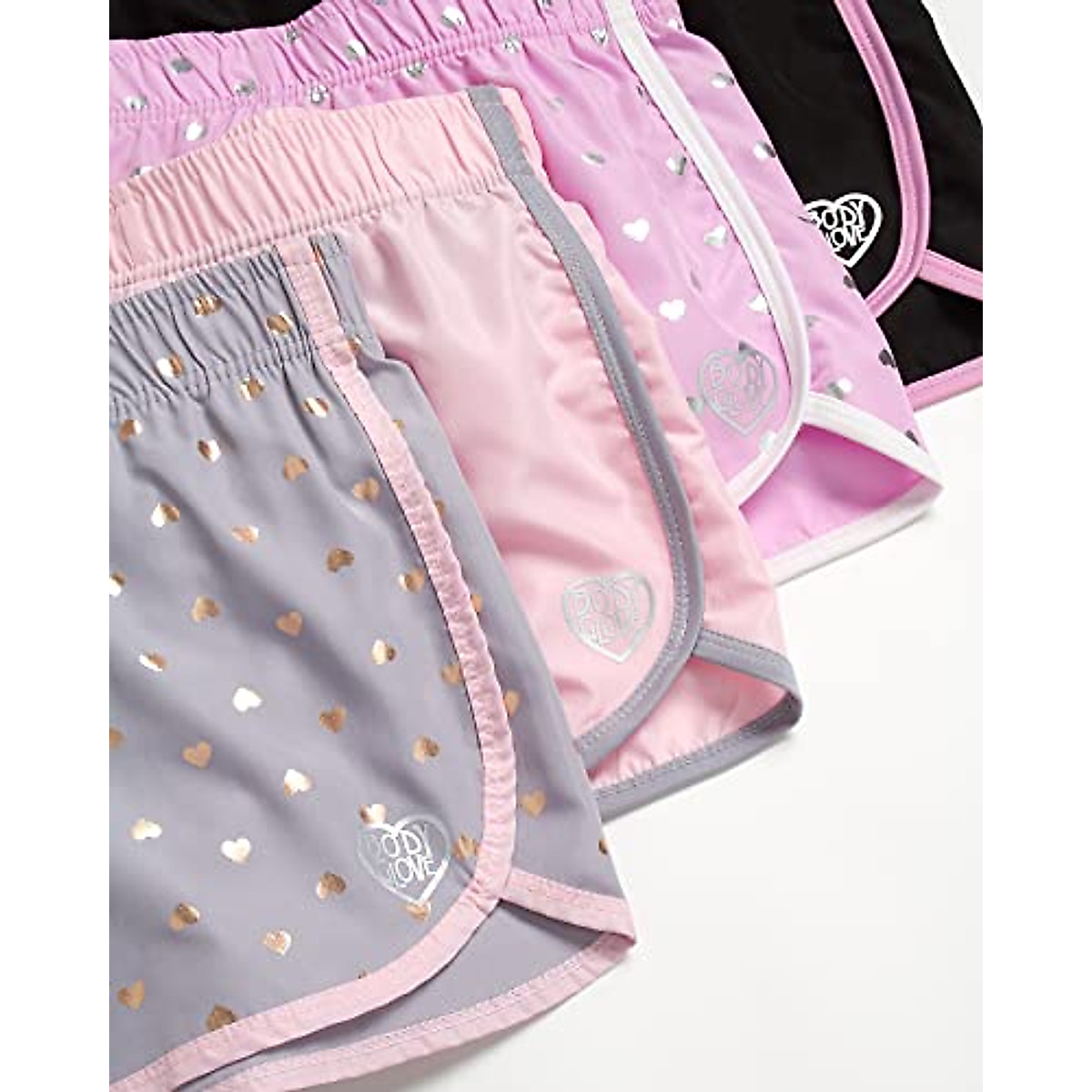 Body Glove Girls Shorts 4 Pack Athletic Performance Dry Fit Dolphin Gym Shorts, Scrunchie (7-12), Size 12, GreyPurple HeartBlackPink