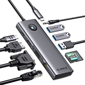 USB C Docking Station, ORICO 10 in 1 Laptop Docking Station with HDMI 4K, VGA, 3 USB Port, PD 100W, SD&TF, 3.5mm Audio, Gigabit Ethernet Type C Multiport Adapter for Windows Mac